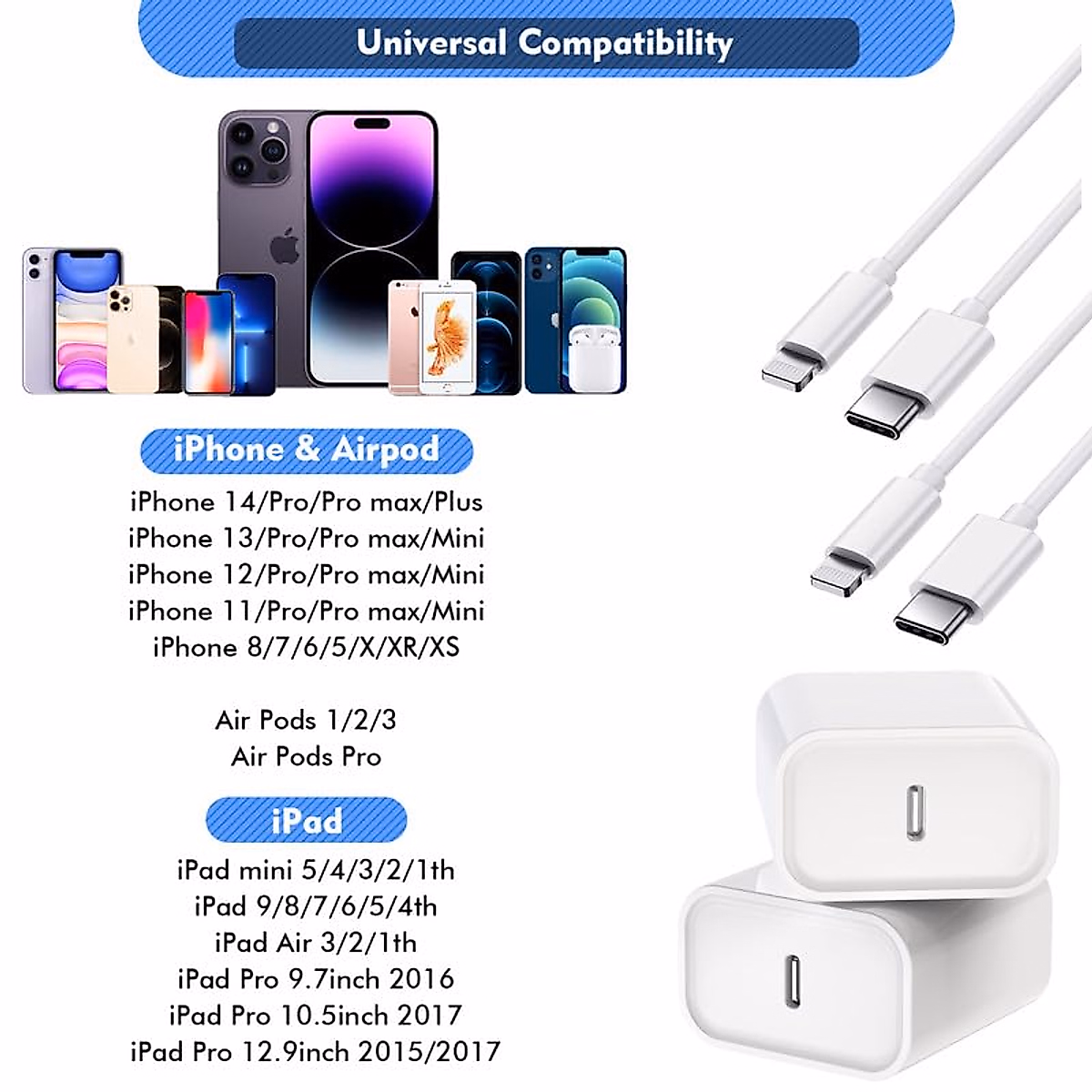 Long Apple iPhone Fast Charger [Apple MFi Certified] 2Pack PD Type C Wall Charger Fast Charging Apple Adapter 6.6FT USB-C to Lightning Cable Apple Chargers for iPhone 14/13/12/Pro/Max/11/XR/8/SE/iPad