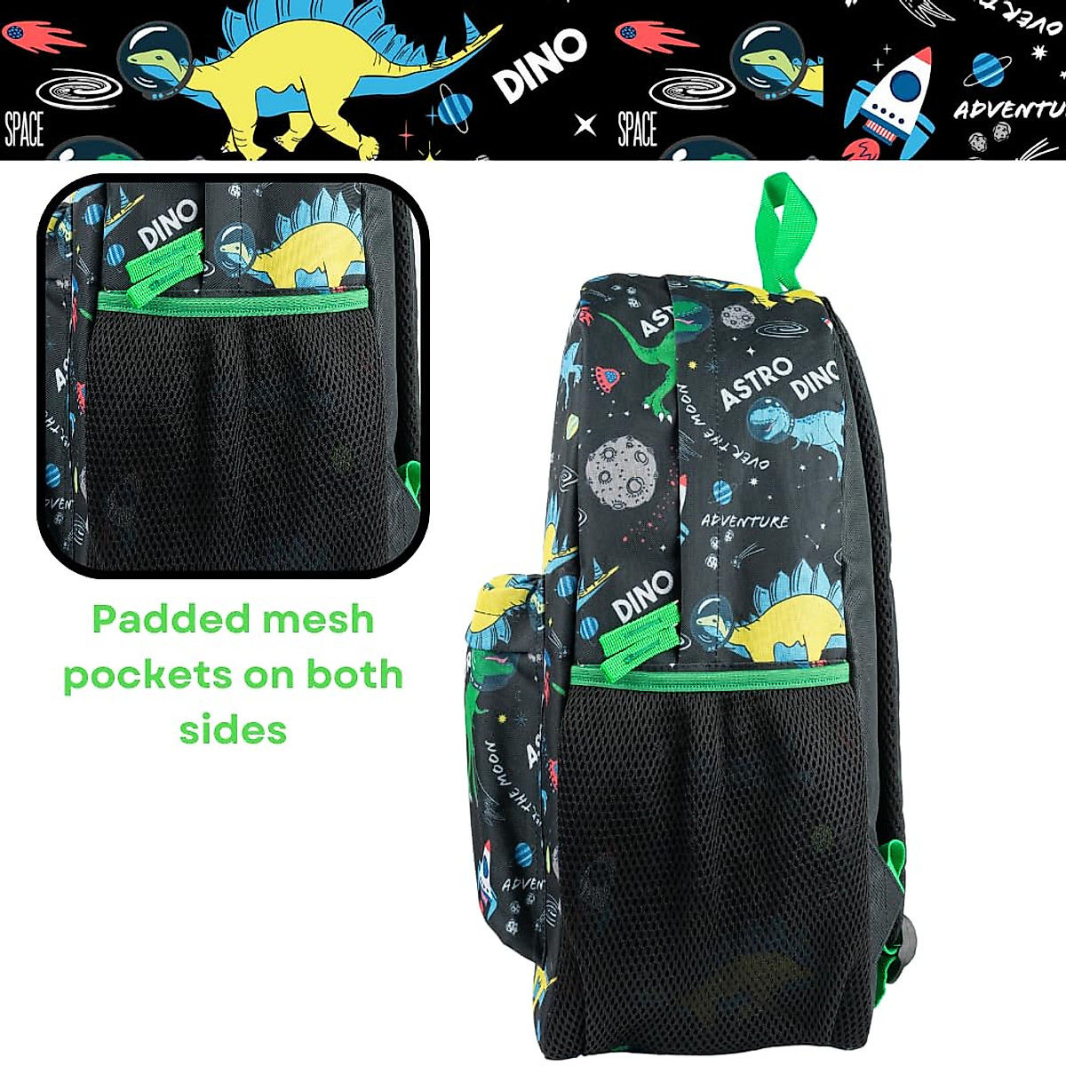 RALME Space Dinosaur Backpack for Boys, 16 inch, Black