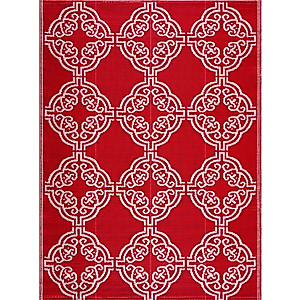 Outdoor Rug - Folded Design - Recycled Plastic Floor Mat for Patio, Camping, Beach, Balcony, Porch, Deck - Weather, Water, Stain, Lightweight, Fade and UV Resistant - Marrakech- Red & White (10'x14')