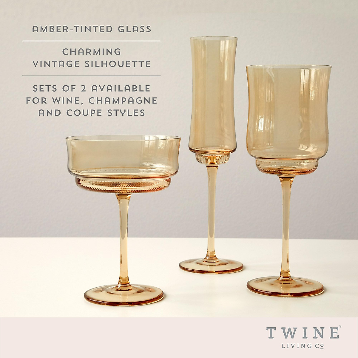 Twine Tulip Coupe Glasses, Gold Amber Tinted Drinking Stemmed Cocktail Tumblers or Wine Cups, Yellow Brown, 9 Oz, Set of 2