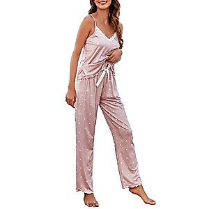 Verdusa Women's 2 Piece Polka Dots Lace Cami Top and Pants Sleepwear Pajama Set Light Pink S