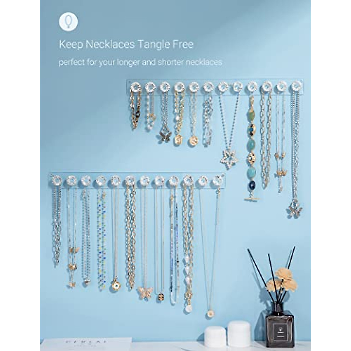 Mymazn 2 Pack Necklace Hangers Acrylic Necklaces Holder Wall Mounted Jewelry Organizer Hanging with 12 Diamond Shape Hooks, Jewelry Hangers for Necklace, Gift for Girls Women