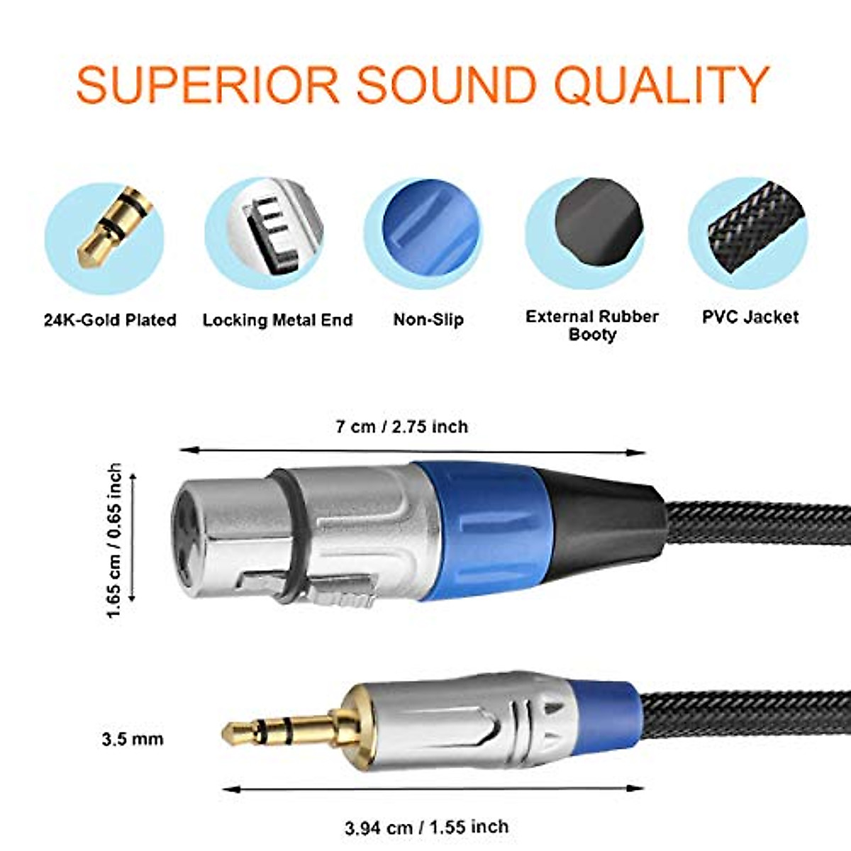 tisino XLR to 3.5mm Microphone Cable, XLR Female to 1/8 inch Mic Cord for Camcorders, DSLR Cameras, Computer Recording Device, and More - 10 feet