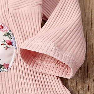 Newborn Infant Baby Girls Easter Outfits Bunny Long Sleeve Knitted Romper Bodysuit Floral Pants with Headband 3Pcs Clothes Set (Shrimp Pink, 0-6 Months)
