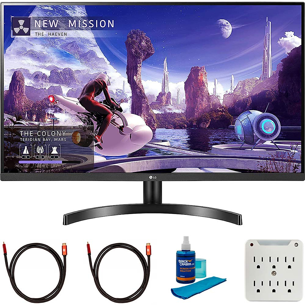 LG 27QN600-B 27 inch QHD 2560x1440 IPS Monitor with AMD FreeSync, HDR10 Bundle with 2X 6FT Universal 4K HDMI 2.0 Cable, Universal Screen Cleaner and 6-Outlet Surge Adapter