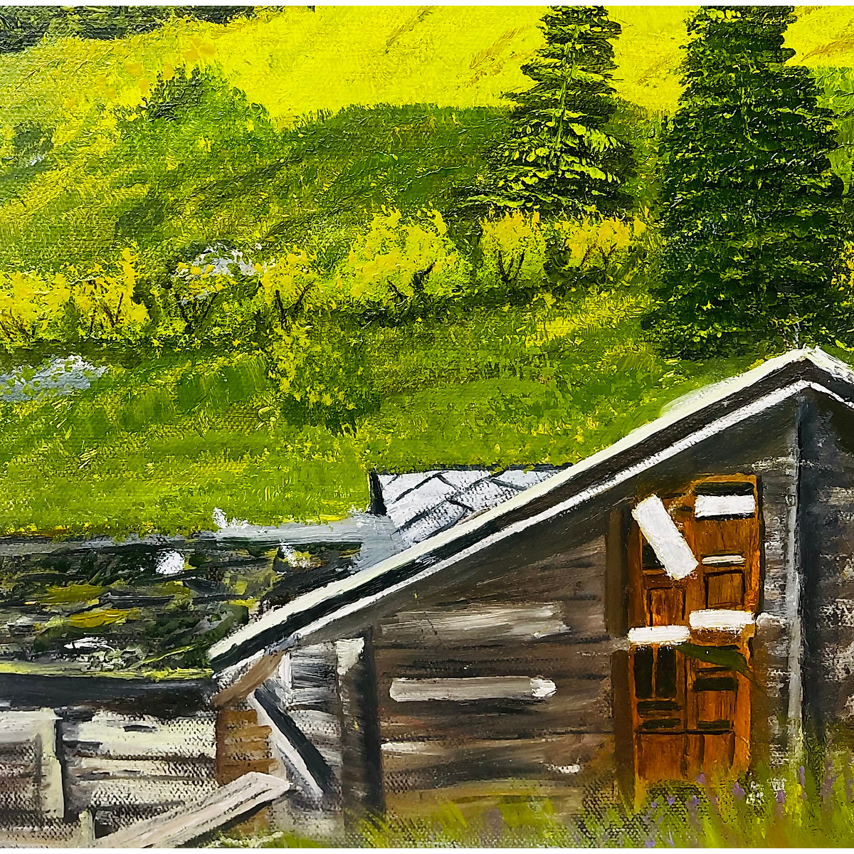 Handmade oil painting on Cotton canvas, Mountain And old House Green And Brown 100% Hand painted,Modern Artwork For Living Room.''20x16''