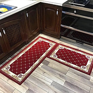 Tyrafry 19.6'' x 31.4'' Classic Traditional Area Rug Kitchen Rug Slip Resistant Durable Floor Mat Soft Plush Machine Washable Microfiber Doormat, Red