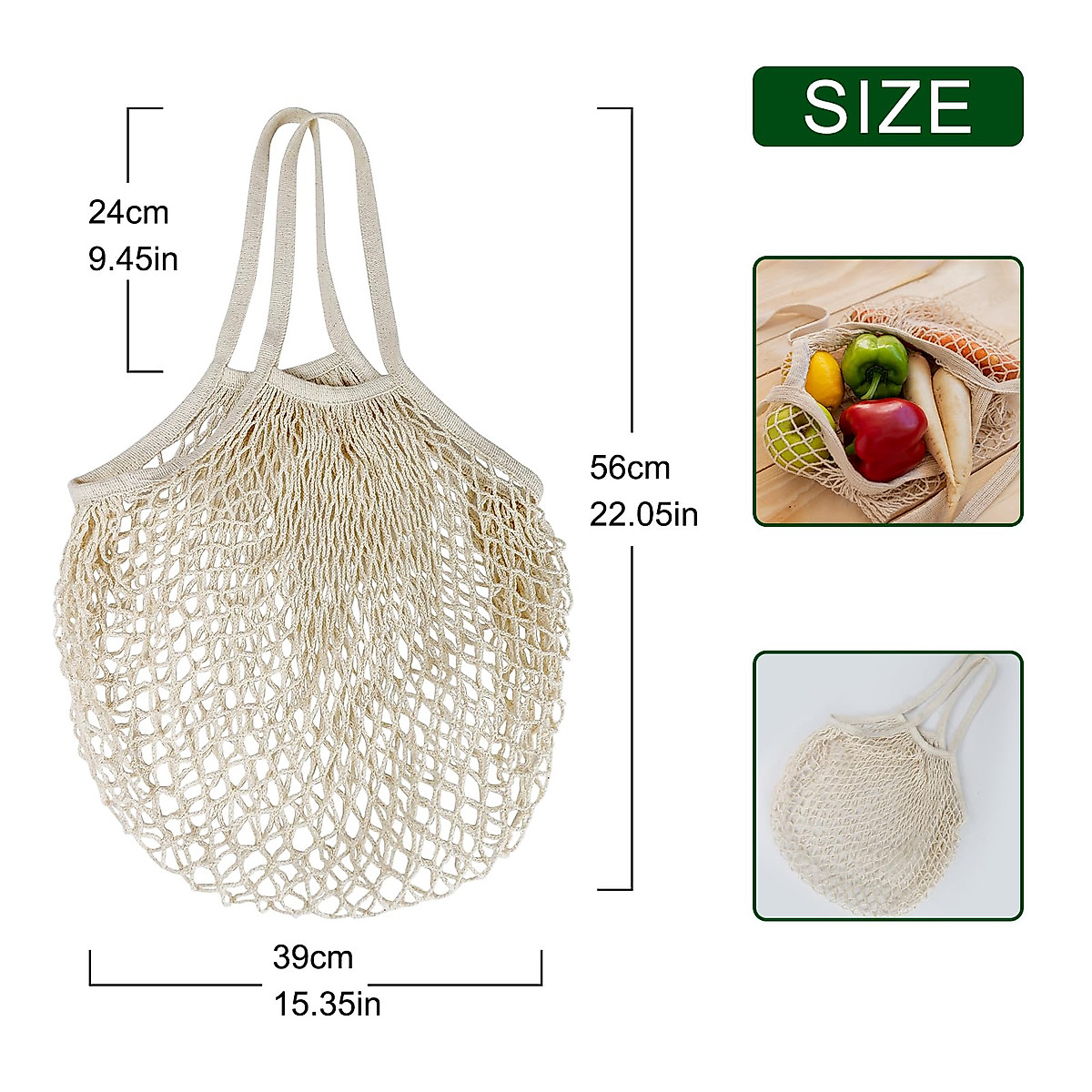 Mordx 2 Pack Premium Mesh Grocery Bags,100% Cotton String Mesh Bags,Long Handle Net Tote Bags,Reusable Produce Bags,Washable,Portable，Fruit and Vegetable Storage Bags,Beige