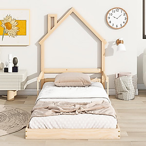 Harper & Bright Designs Twin Size Floor Bed with House-Shaped Headboard, Twin Kids Bed Frame with Solid Wood Slats,Twin Floor Bed Frame for Girls Boys,No Box Spring Needed,Natural
