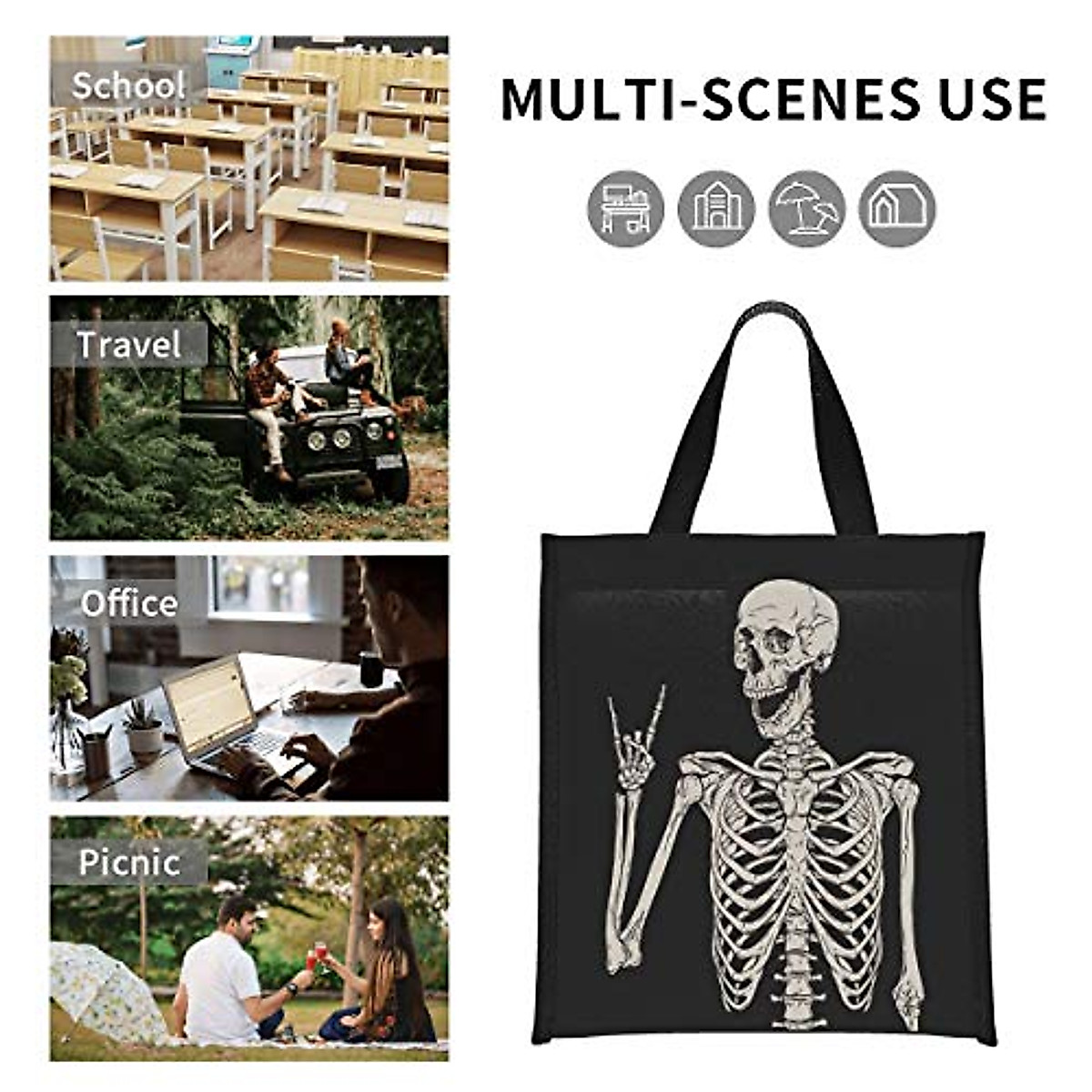 Ouqiuwa Reusable Lunch Bag Cute Lunch Box, Lunch Tote Handbag for Women Men Work Travel Shopping-Rock and Roll Skeleton Skull Boho Hippie