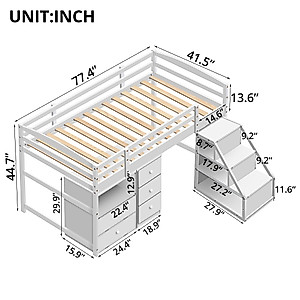TURRIDU Low Loft Bed with Pullable Storage Staircase and 2 Cabinet, Wooden Stairway Loft Bed with Drawers and Shelves, Twin Size Bed Frame for Girls, Boys, Teens, No Box Spring Needed
