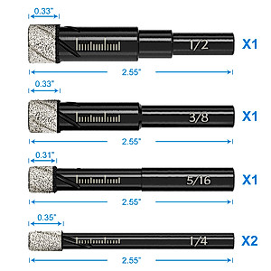 Dry Diamond Drill Bits Set 5 PCs for Granite Ceramic Marble Tile Stone Glass Hard Materials (not for Wood), Round Shank 1/4, 5/16, 3/8, 1/2 inch with Storage Case