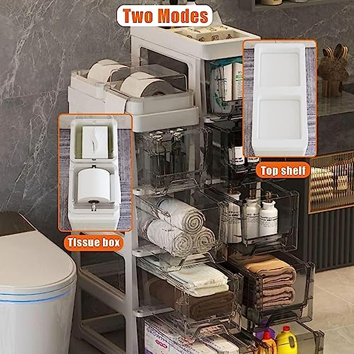 Bathroom Storage Cabinet with Doors and Shelves, Toilet Paper Storage, Waterproof Toilet Paper Storage Organizer, Narrow Storage Cabinet for Bathroom Storage,5 Tier,White top Tissue Box (5 Tier Brown