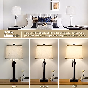 Table Lamps for Living Room Set of 2, Modern Bedside Lamps for Bedroom Height Adjustable Desk Lamp Dimmable Black Nightstand Lamps with Beige Lampshade, Pull Chain Table Lamp for Office Restaurant
