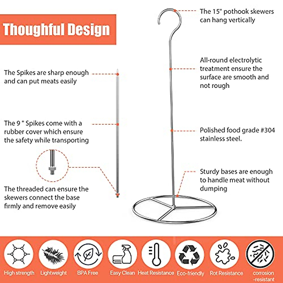 6 Pieces Stainless Steel Vertical Skewer Set, (2x15''Skewers,2x9‘’Spikes& 2x6.25‘’Bases), Multifuntion Barbecue Spike& Poultry Hanger Set for Webber,Bronco, Pit Barrel,Green Egg Smoker,etc