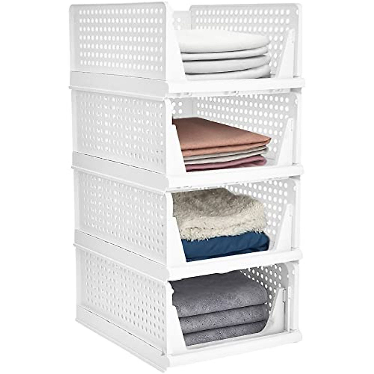 C&AHOME 4-Pack Stackable Wardrobe Storage Box, Plastic Drawer Organizer, Foldable Clothes Shelf Baskets, Folding Cube Bins, Perfect for Kitchen, Bedroom, 13.4" L x 17.7" W x 7.1" H White USWSB04W