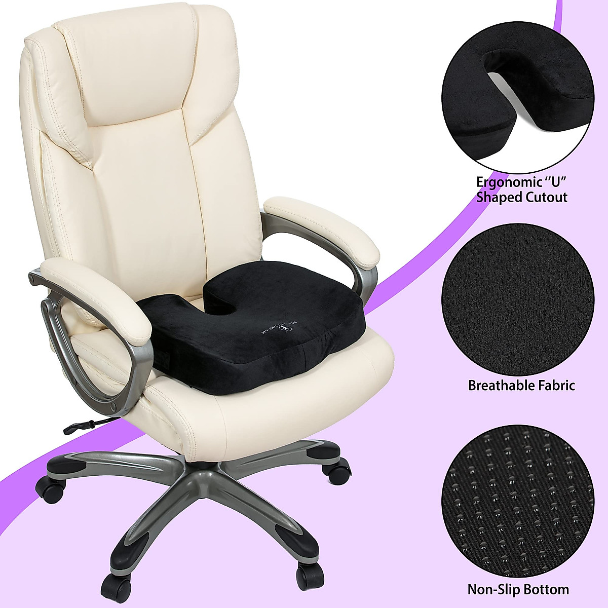 HEALTHY DREAM Office Chair Seat Cushion for Coccyx, Tailbone, Sciatica and Back Pain Relief; Orthopedic Support Memory Foam Cushion Contour Pillow; Comfortable Wheelchair and Gaming Chair Accessory