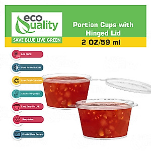 EcoQuality [50 PACK 2 Oz Leak Proof Plastic Condiment Souffle Containers with Attached Lids - Portion Cup with Hinged Lid Perfect For Sauces, Samples, Slime, Jello Shot, Food Storage & More!
