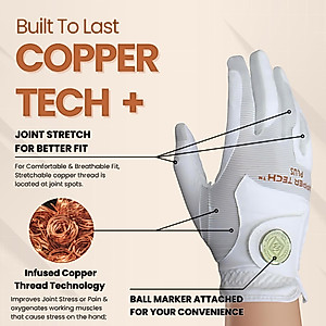 Copper Tech Plus Women's Golf Gloves with Ball Marker - Ladies Golf Gloves with 100% AAA Synthetic Leather - Wrist Support & Breathability - Golf Gloves Right Handed Golfer (Hand Orientation: Left)