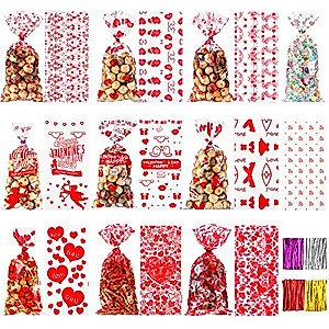 200 Pcs Valentine Cellophane Candy Bags Valentine's Day Gift Bags Valentine Cellophane Treat Bags with 200 Twist Ties Valentine Goodies Bags for Kids Valentine Party Supplies,10 Styles