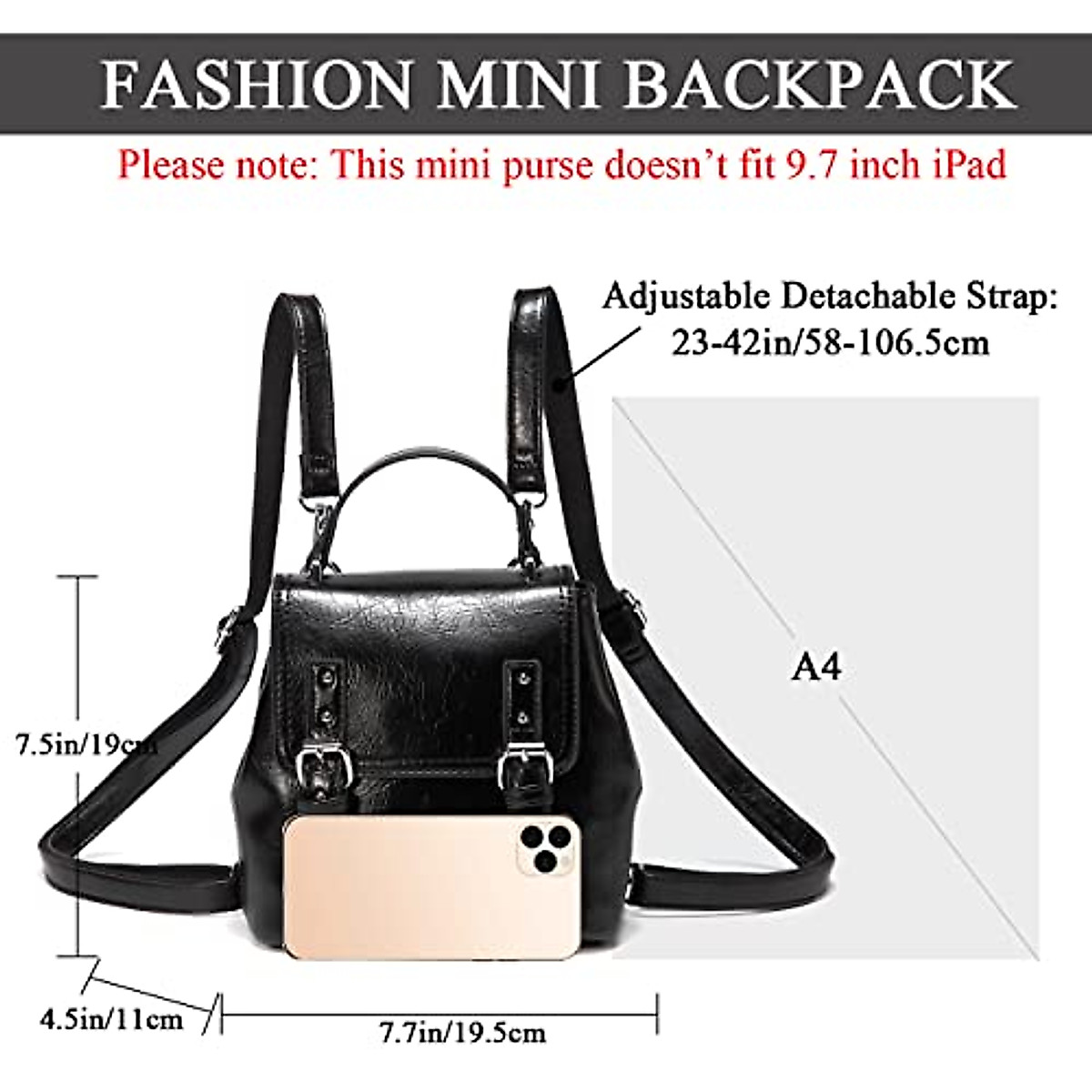 VASCHY Mini Backpack Purse, 2 Ways to Carry Cute Small Backpack for Women and Girls with Detachable Straps Black