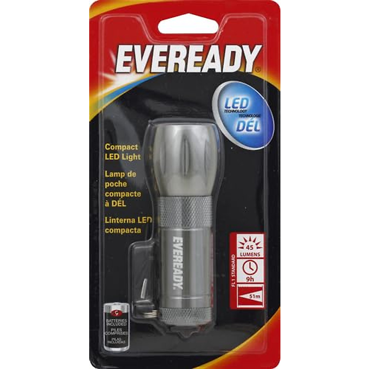 Eveready Compact LED Metal Flashlight​​​​ Water Resistant, Includes 3 Super Heavy Duty AAA Batteries, 21 Lumens , Black