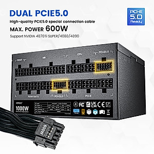 Vetroo 1000W Black Power Supply ATX 3.0 Ready Dual PCIe 5.0, 80 Plus Gold Full Modular, Compact Size, Japanese 105°C Capacitors, Eco Mode with 120mm FDB Fan, 10 Year Warranty, for Gaming PC and More