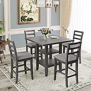 UMISOL 5 Piece Square Dining Table Set for Small Space, Farmhouse Style Counter Height Table Set with 2 Tier Storage Shelving and 4 Padded Chairs (Gray)