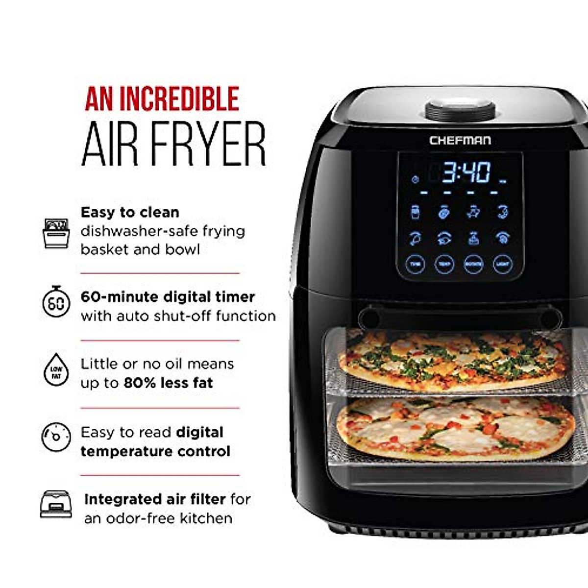 Chefman 6.3-Qt 4-In-1 Digital Air Fryer+, Rotisserie, Dehydrator, Convection Oven, XL Family Size, 8 Touch Screen Presets, BPA-Free, Auto Shutoff, Accessories Included, Black