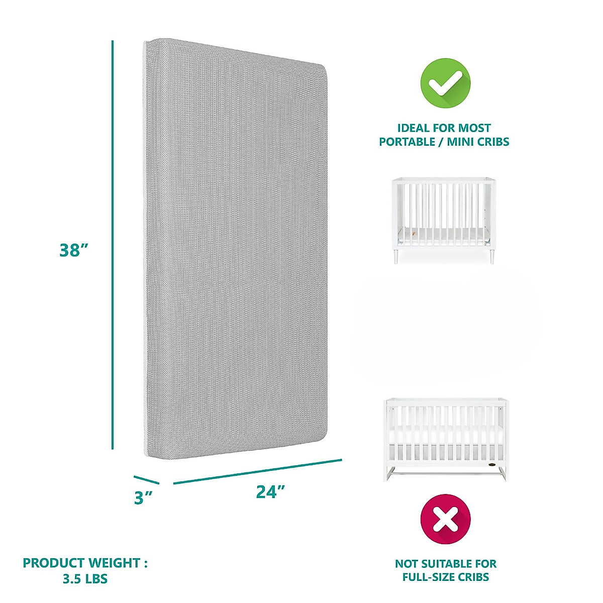 Dream On Me Snuggles Extra Firm Fiber Portable and Mini Crib Mattress in Grey, Greenguard Gold Certified, Soft Breathable Mesh Cover, Lightweight Baby Mattresses for Cribs