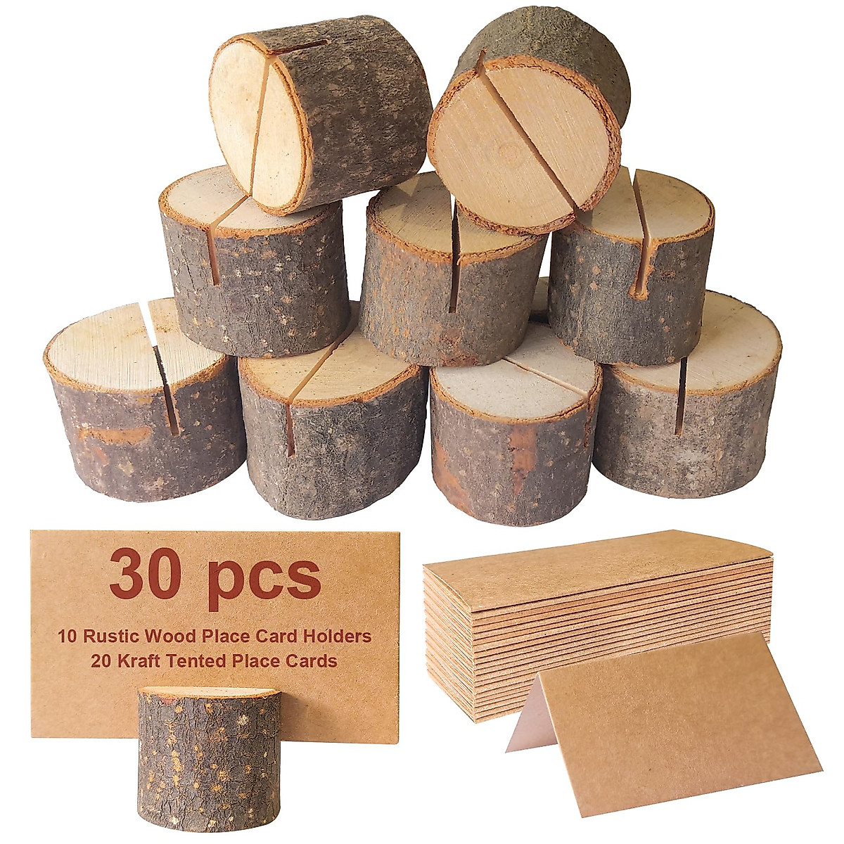 10 Pieces Rustic Wood Place Card Holders with 20 Kraft Tented Place Cards, Natural Log Table Number Stands Food Labels Dinner Decor for Weddings, Birthday, Thanksgiving Day, Christmas Party Supplies