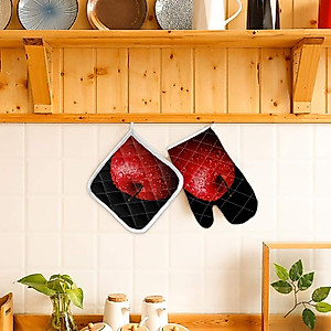 Kitchen Oven Gloves Red Apples with Water Drops Oven Mitts Pot Holder Set Black Background Hot Pad Sets for Kitchen BBQ Cooking Baking Grilling Heat Resistance 12 x 6 inch + 8 x 8 inch