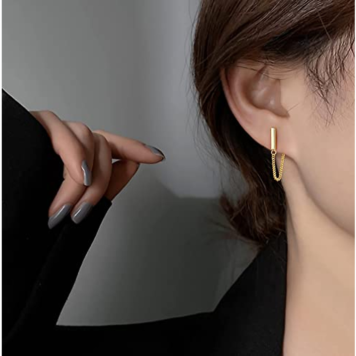 Reffeer Solid 925 Sterling Silver Bar Chain Dangle Earrings Drops for Women Teen Girls Bar Drop Earrings Chain Studs (A-Gold)