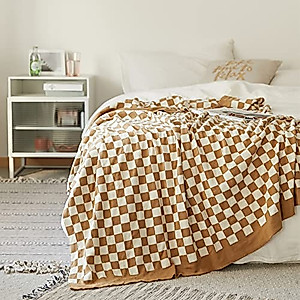 YIRUIO Throw Blankets Checkerboard Grid Chessboard Gingham Warmer Comfort 100% Pure Cotton Knit for Home Decor Bed Couch (51" L x 63" W, Khaki)