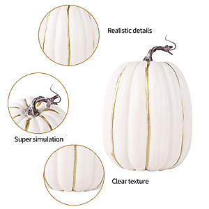 Lucakuins 8 Inch Large Artificial Pumpkins DIY White Decorative Foam Pumpkins Cute Fake Pumpkins for Hallween Autumn Harvest Home Decorations (White Gold Wire, 8 in)