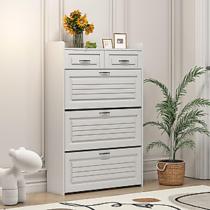 MOOLSUN Multi Functional Narrow flip Shoe Cabinet -3-Layer flip Drawer+2 Storage Drawers, Ultra-Thin Shoe Cabinet Suitable for Various Shoes, Suitable for Apartment entrances and corridors (White)