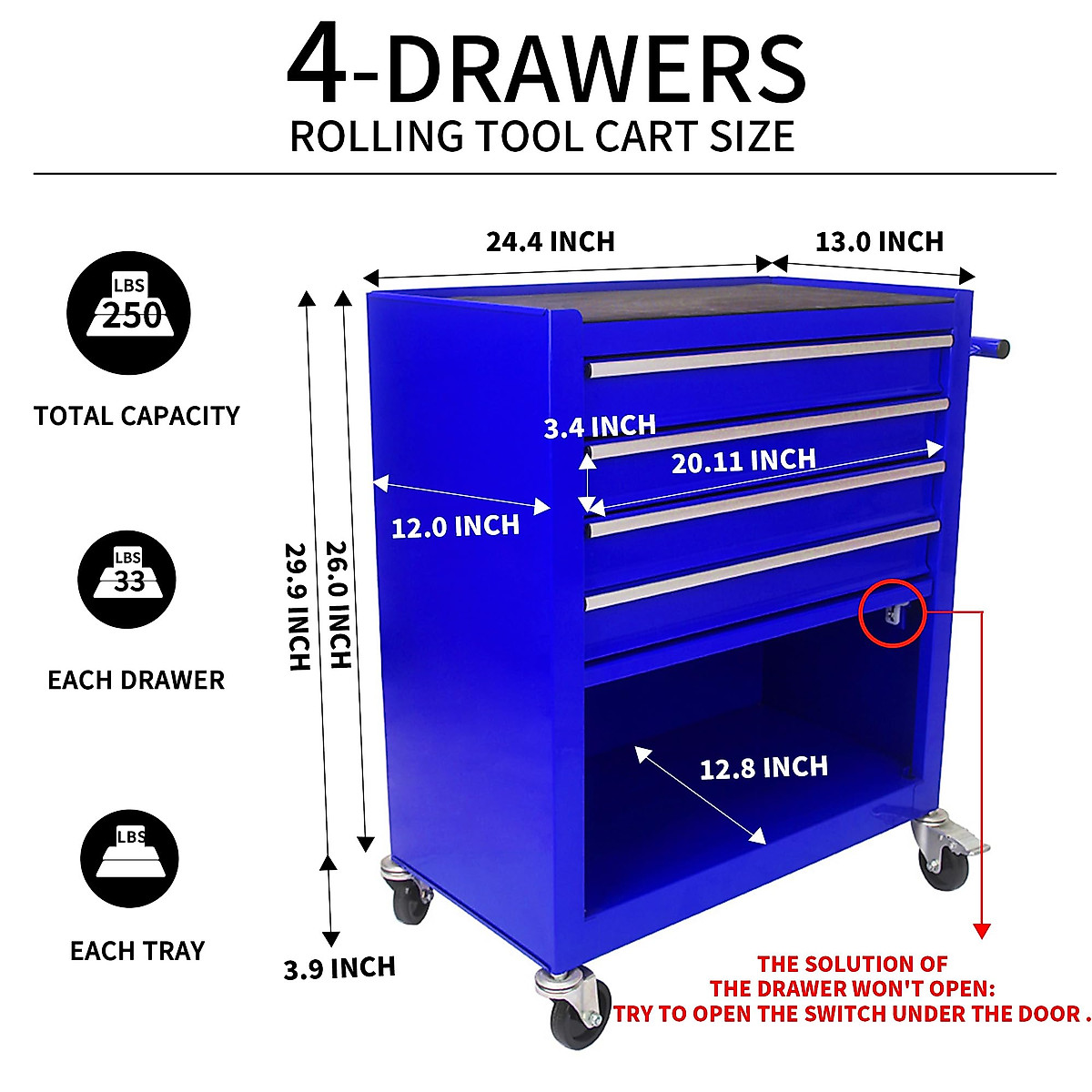 Tool Cart on Wheels 24.4in，4 Drawers Rolling Tool Box，Locked Drawers Storage Organizer Cabinet for Garage, Warehouse, Repair Shop, Workshop
