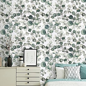 Nukofal Leaf Wallpaper Peel and Stick Wallpaper Floral Contact Paper 17.7 inch x 118.1 inch Eucalyptus Wallpaper Floral Wallpaper for Bathroom Floral Peel and Stick Vinyl Wallpaper Removable Wallpaper