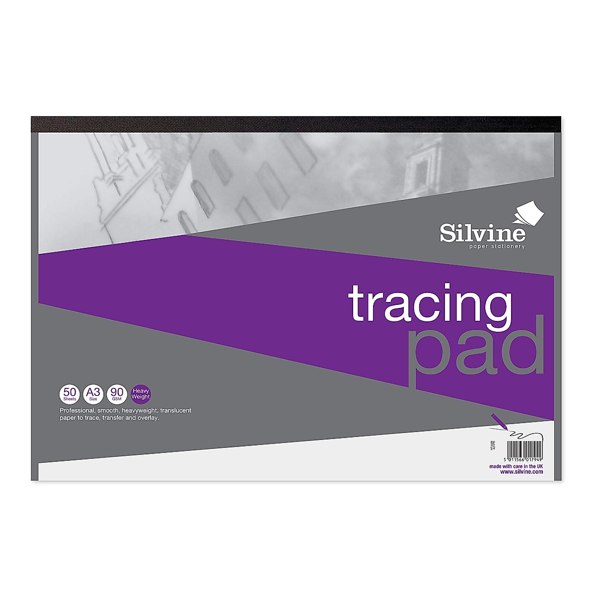 Silvine A3 Professional Tracing Pad. 50 Sheets of Quality Heavyweight Tracing Paper (90gsm) Ref A3TPR