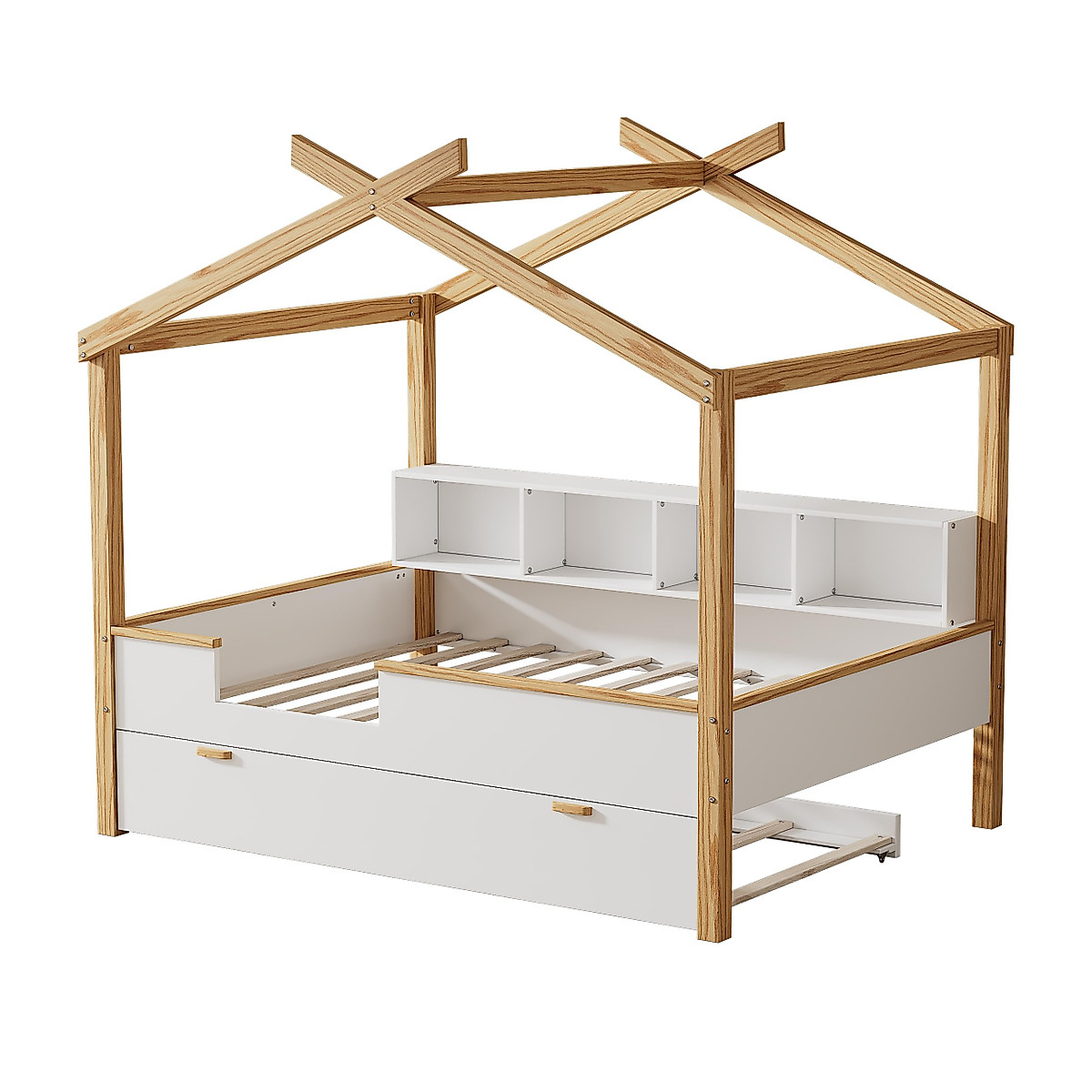 Goohome Kids House Bed with Storage Shelves, Full Size Montessori Bed with Bookcase, Roof Design Wooden Cabin Bed Frame with Twin Size Trundle for Girls Boys Teens, Saving Space