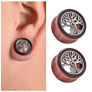 POBAISITER 2PCS Organic Red Sandalwood Hollow Double Flared Ear Gauges Tunnels Expander Tree Of Life Jewelry For Man For Woman Body Piercing Jewelry 0g-1 inch