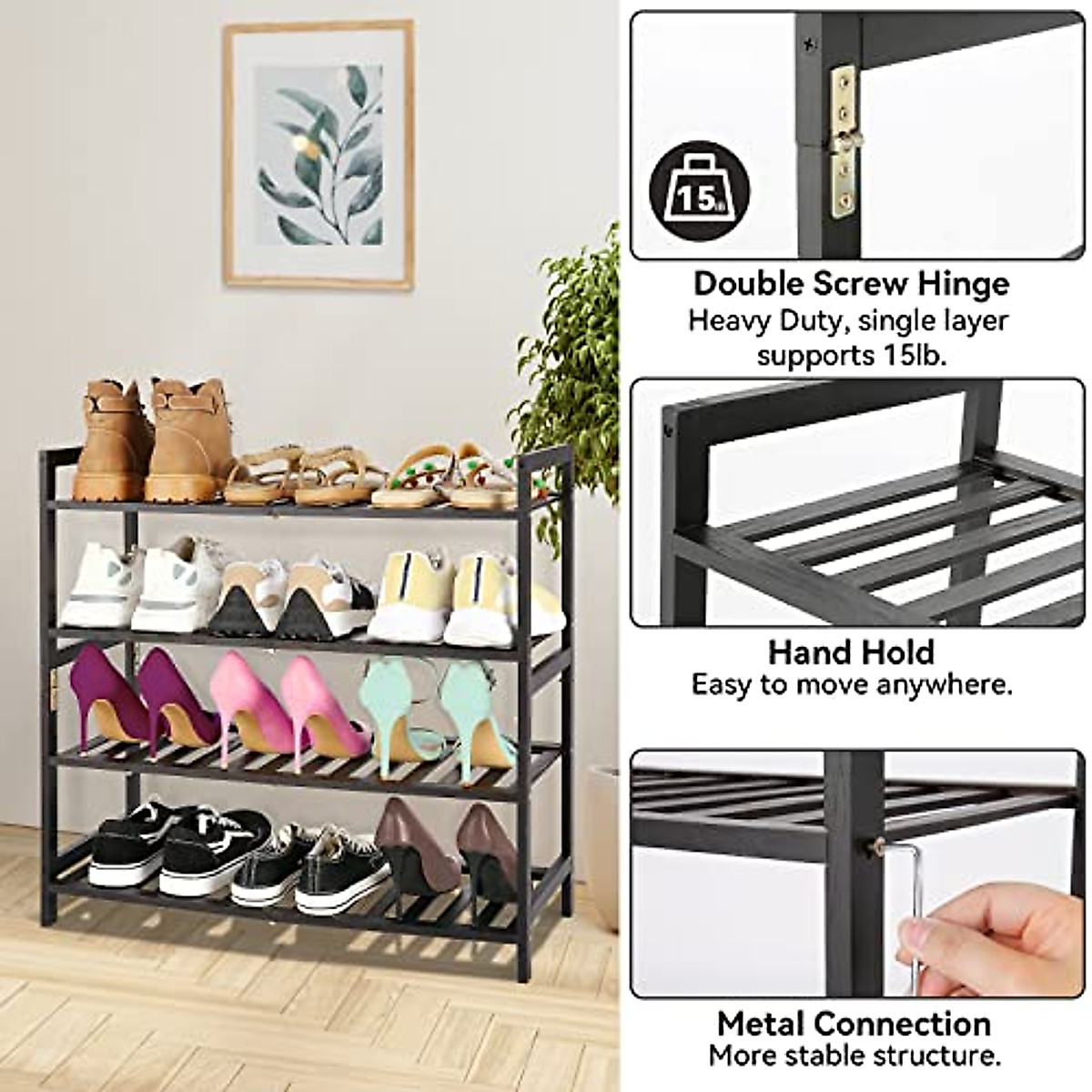 AKEYDIY Wooden Shoe Rack, 4 Tier Natural Pine Wooden Shoe Shelf, Slippers/Sneaker Rack Multi-Function Storage Organizer, Durable and Stable Free Standing Shoe Racks for Bedroom Closet (Wood)