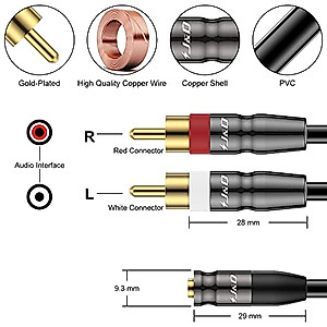J&D 3.5 mm to Dual RCA Audio Cable, Gold Plated Copper Shell Heavy Duty 3.5mm Female to 2 RCA Male Stereo Audio Adapter Cable Adapter Cord, 1 Feet