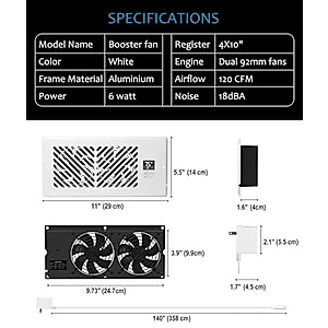 Abida 4" x 10" Register Booster Fan with Thermostat Control, Quiet Smart Register Vent with 10 Gear Wind Speed, Aluminum Frame Heating Cooling AC Vent, White