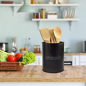 AuldHome Metal Utensil Holder (Black), Enamel Classic Style Round Kitchen Utensil Caddy