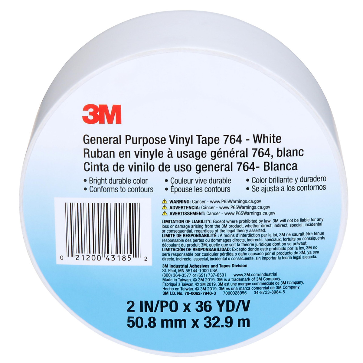 3M Vinyl Tape 764, General Purpose, 2 in x 36 yd, White, 1 Roll, Light Traffic Floor Marking Tape, Social Distancing, Color Coding, Safety, Bundling