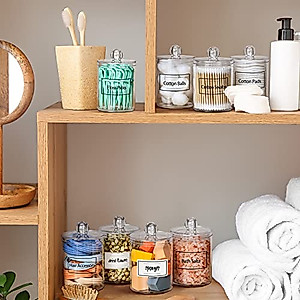 8 Pack Qtip Holder Dispenser with Lids & Labels, Cotton Ball, Cotton Swab, Cotton Round Pads, Floss Storage Canister - Clear Plastic Apothecary Jar for Bathroom Vanity Makeup Organizer (12oz & 10oz)