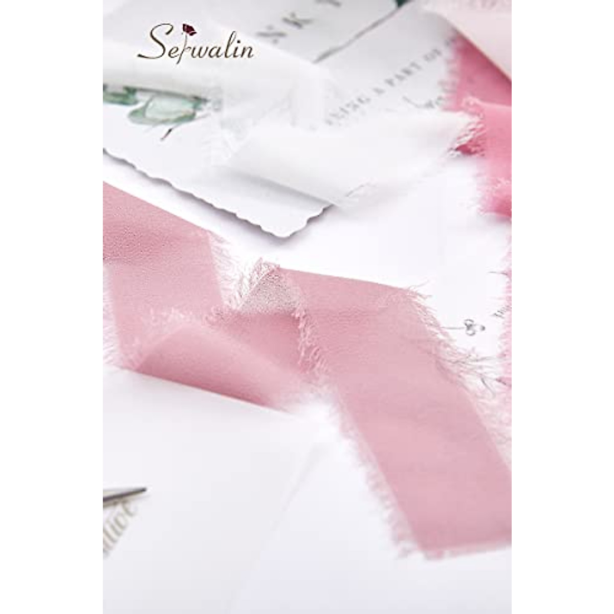 Serwalin Fringe Pink Chiffon Ribbon Silk Ribbon Set for Gift Wrapping 1.5" 6 Yd Fringe Frayed Edges Boho Wedding Ribbon Set for Bouquets Wrap,Wedding Invitations, Gifts Wrapping, Blush Pink