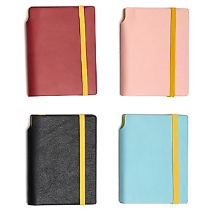 Fdesign A7 Mini Notebook Set, 4 Pack, Pocket Notebook, Thermo Leather Hard Cover, 2.9" x 4.1", 96 Sheets, 80 gr ivory plain papers, 4 Colors (red+black+pink+blue)