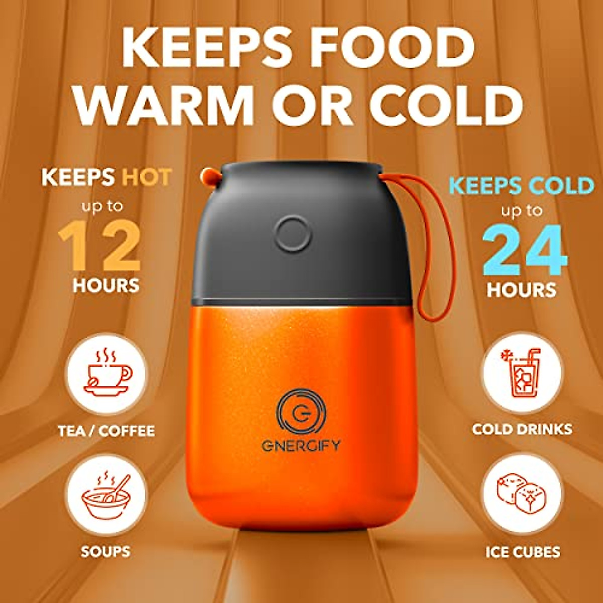 ENERGIFY Vacuum Insulated Food Jar Made of Premium BPA-Free Stainless Steel. 17oz Thermos Includes Folding Spoon and Cup. Hot & Cold Lunch, Drinks Container For Kids and Adults. Leak Proof, Orange.
